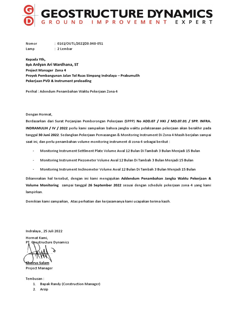 Surat Addendum Waktu Pekerjaan Zona 4 New PDF | PDF