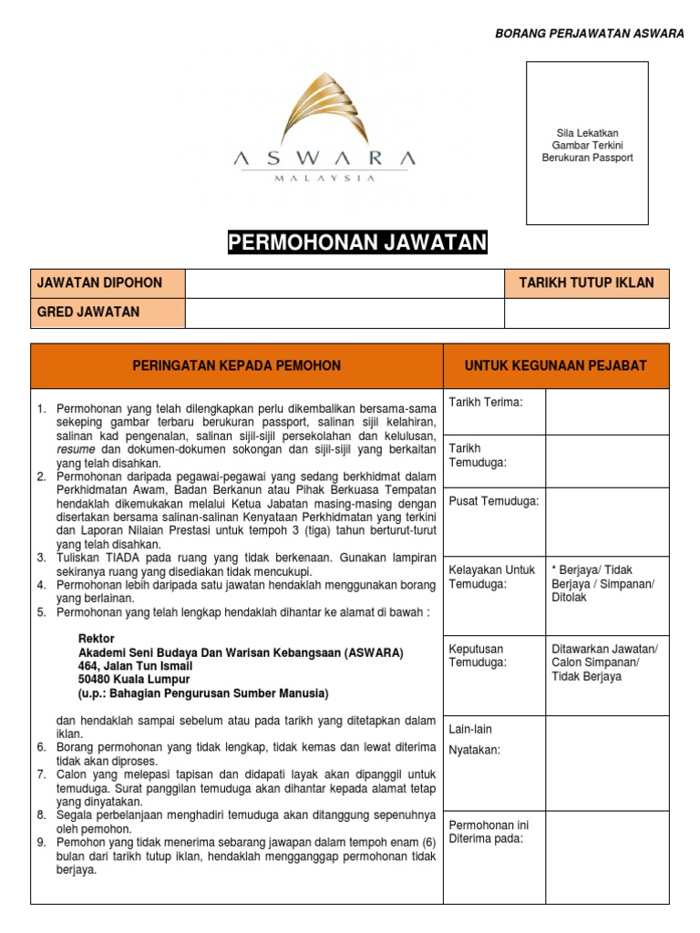 Borang Perjawatan ASWARA 1 1 PDF | PDF