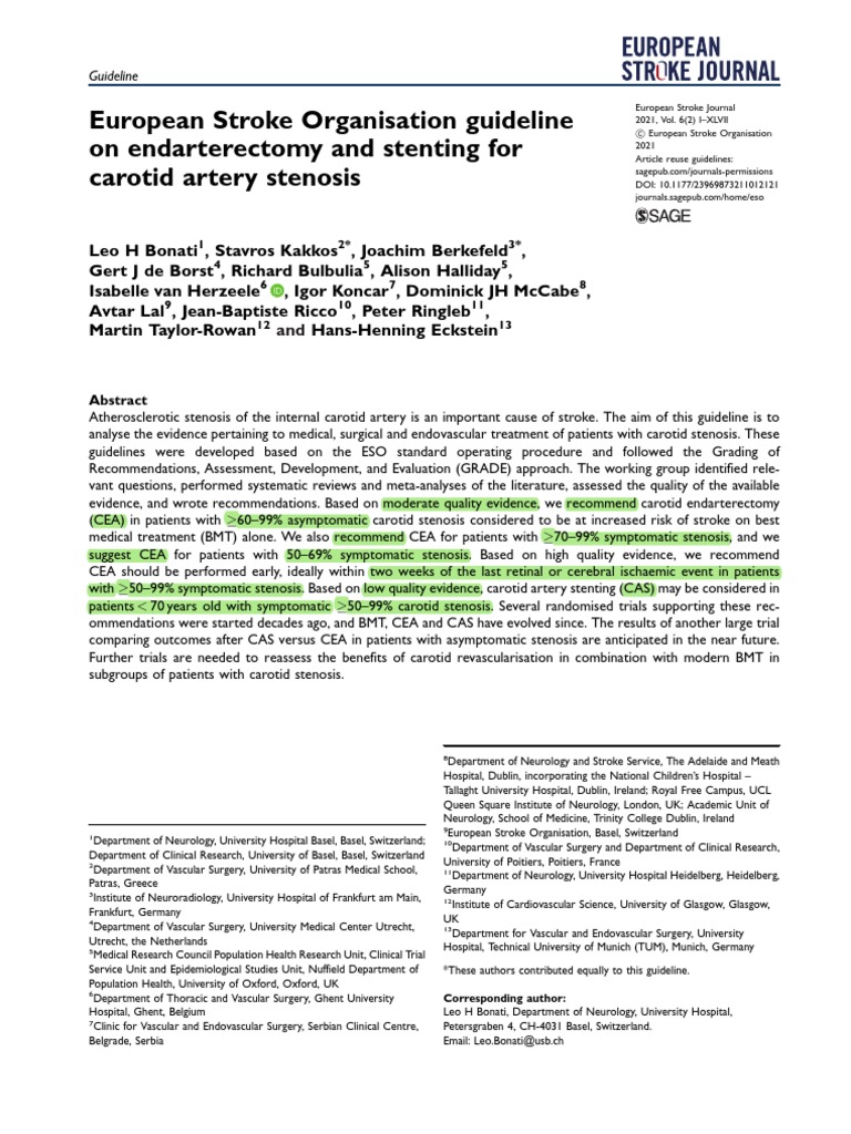 European Stroke Organisation Guideline On Endarterectomy and Stenting ... European Stroke Organisation Guideline On Endarterectomy and Stenting ...