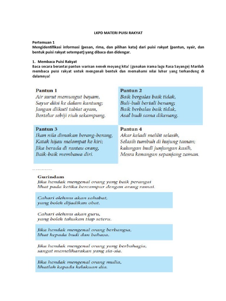 LKPD Materi Puisi Rakyat | PDF