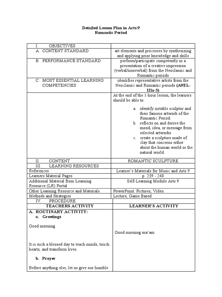 Detailed Lesson Plan in Arts 9 Tuesday | PDF | Learning | Sculpture