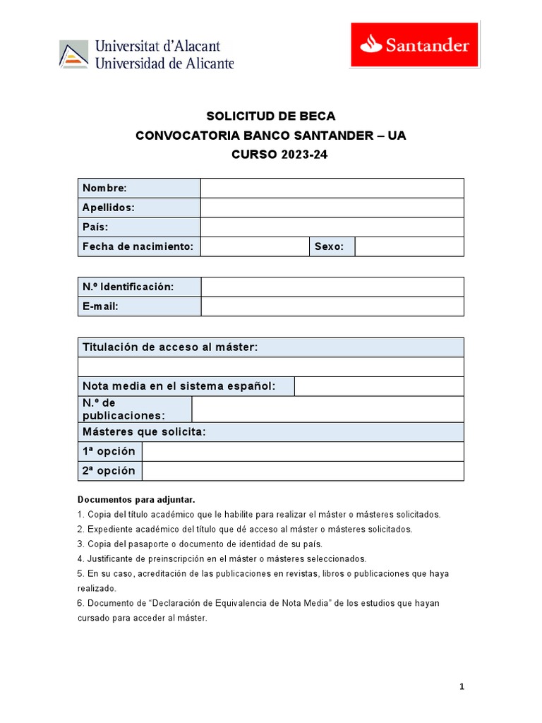 Formulario Solicitudes Santander 2023 Cast | PDF | Privacidad de la ...