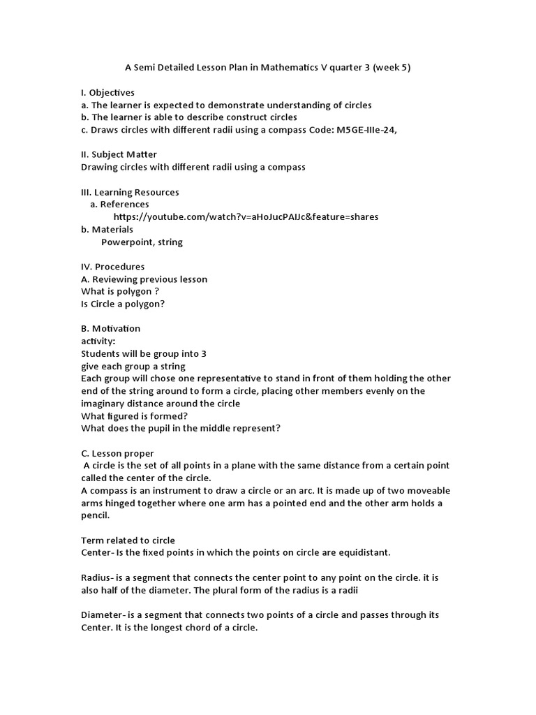 A Semi Detailed Lesson Plan in Math 5 | PDF | Circle | Radius