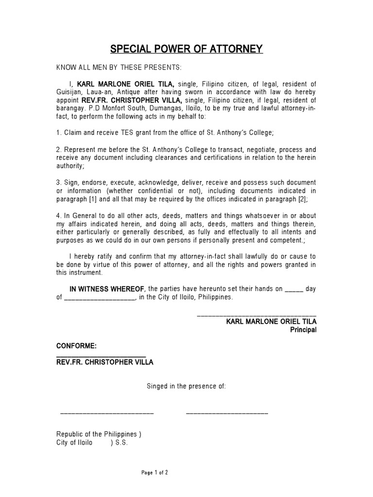 Special Power of Attorney (To Process Document) | PDF | Power Of ...