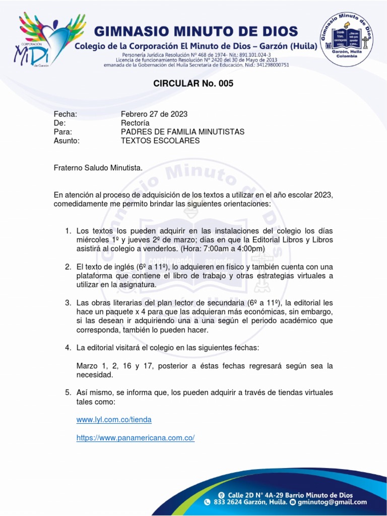 Circular No. 05 - 27022023 - Textos Escolares | PDF