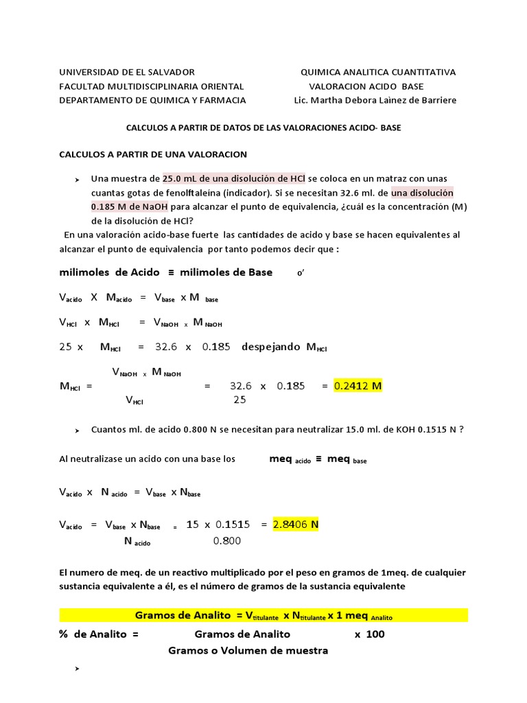 Unidad Iii Calculos Valoraciones Acido-Base 2022 | PDF | Química | Valoración