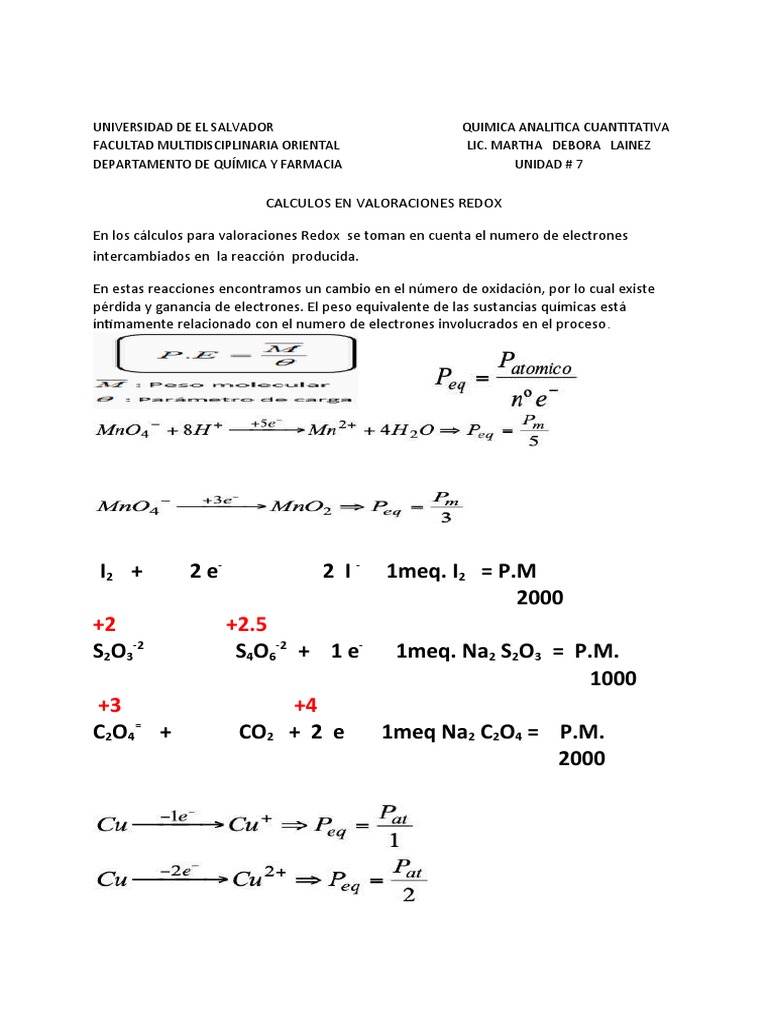 Calculos en Valoraciones Redox 2022 | PDF | Valoración | Química