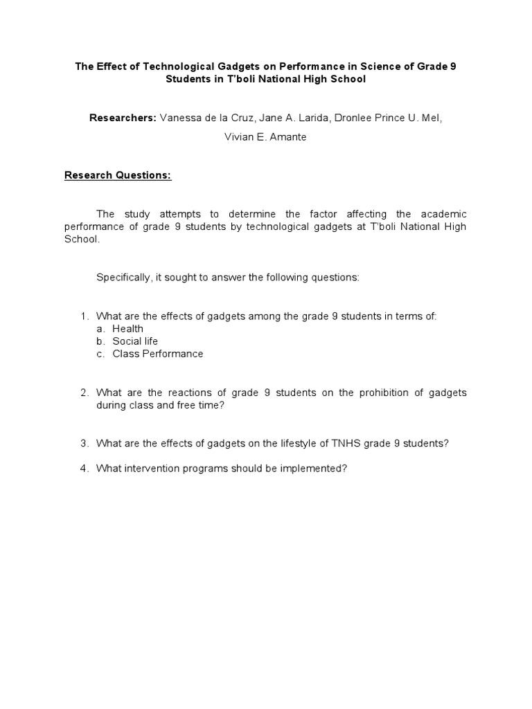 The Effect of Technological Gadgets On Performance in Science of Grade 9 Students in T | PDF ...