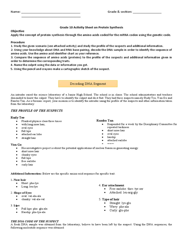 Forensic Protein Synthesis Activity | PDF | Translation (Biology) | Dna