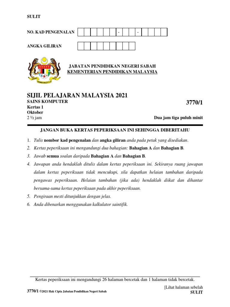 Kertas Trial SK Sabah K1 2021 | PDF