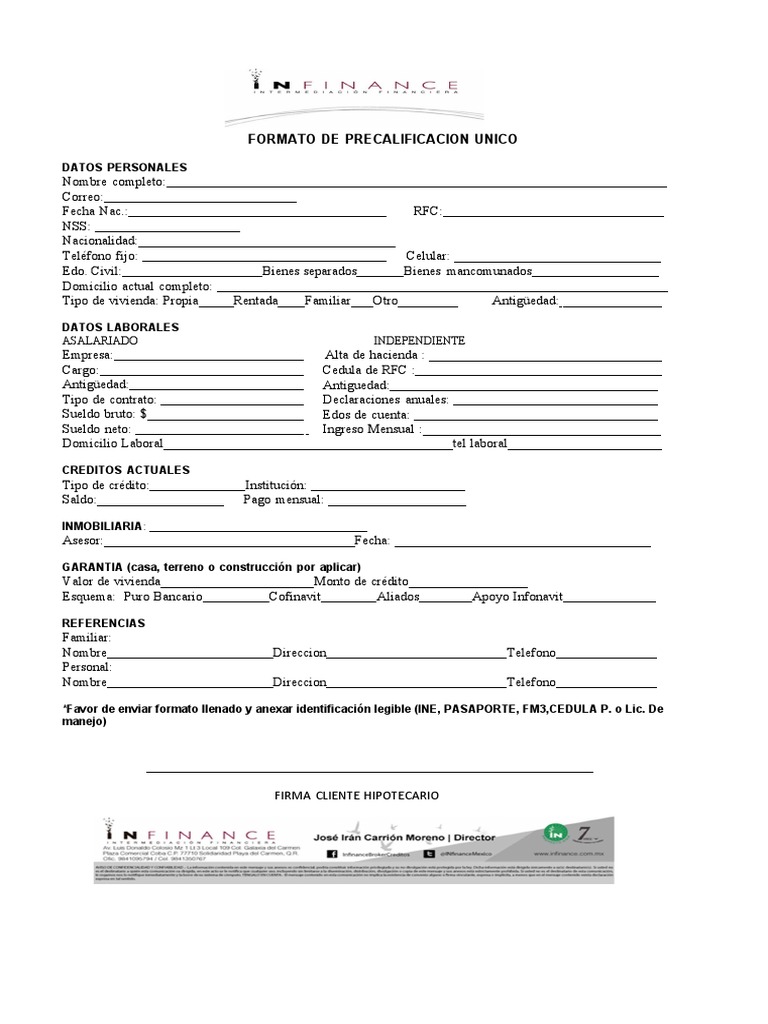 FORMATO DE PRECALIFICACION UNICO INFINANCE 2019 | PDF