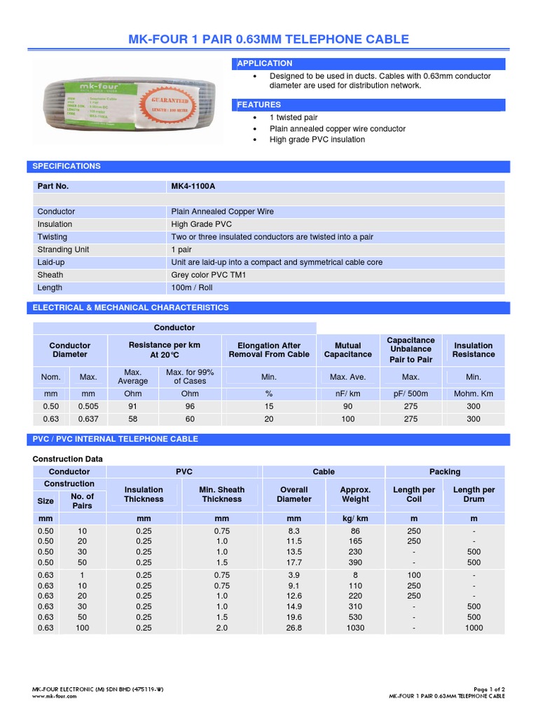 MK Four 1 Pair 0 63mm Telephone Cable | PDF | Electrical Conductor ...