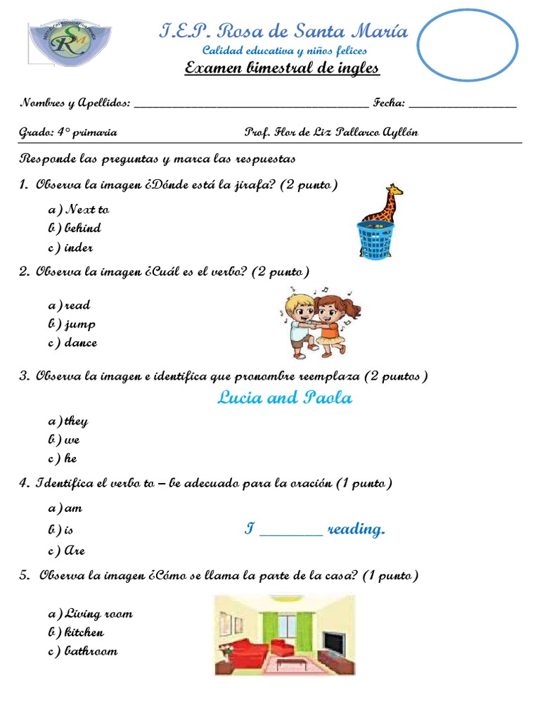 Examen Bimestral de Ingles 4 Grado PDF | PDF | Artes del Lenguaje y ...