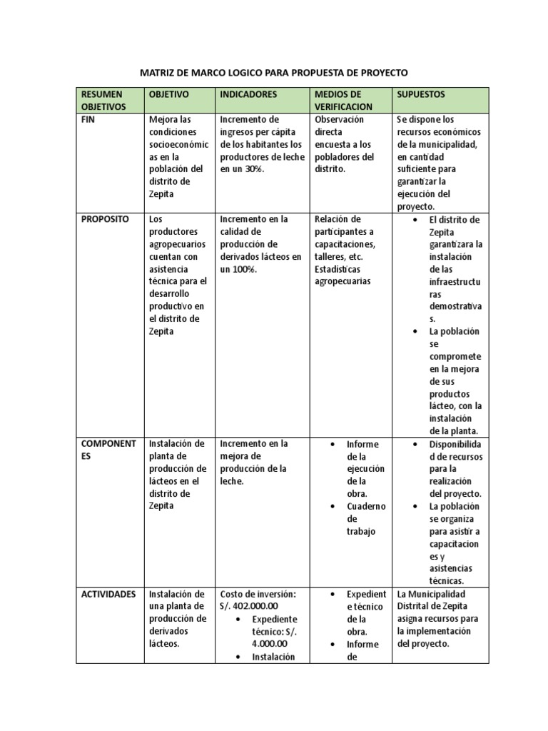 MATRIZ DE MARCO LOGICO, Problemas y Objetivos | PDF | Productos lácteos ...