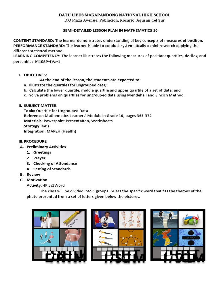 Quartiles Lesson Plan for Math 10 | PDF | Quartile | Learning