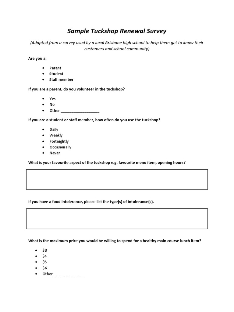 Tuckshop Renewal Survey | PDF