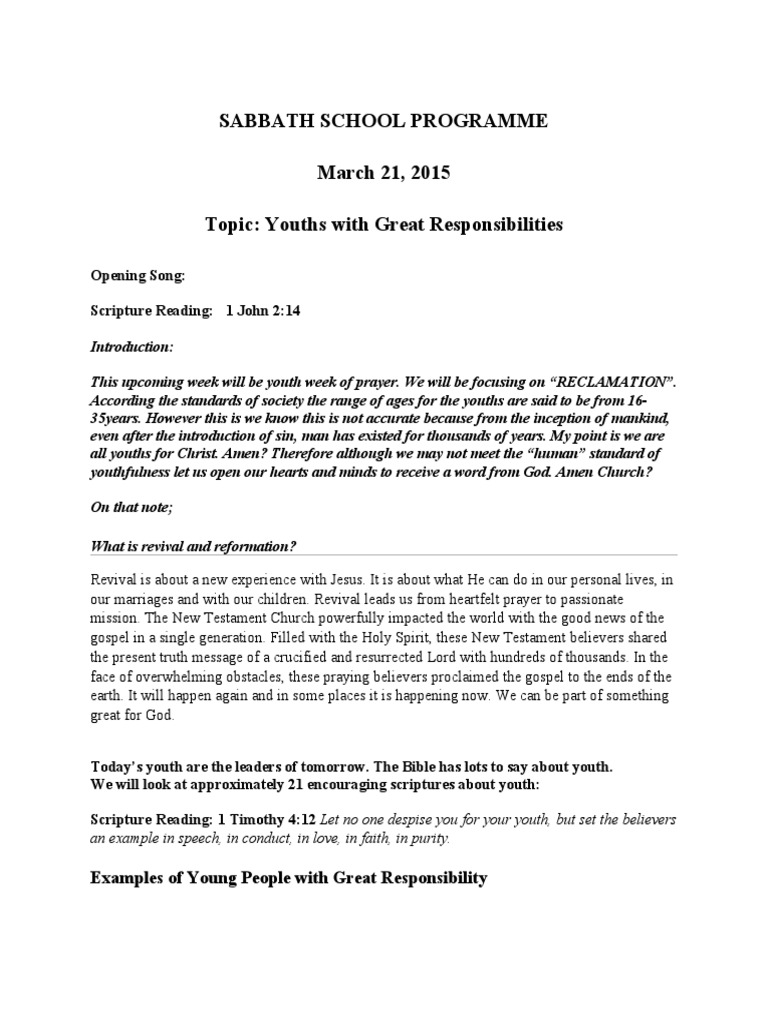 SABBATH SCHOOL PROGRAMME Youths Day | PDF | Jesus | Prayer