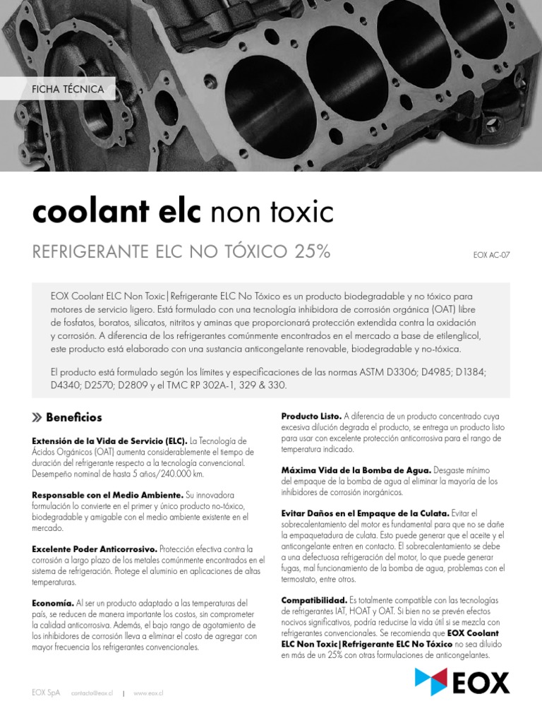 Ficha técnica de Coolant ELC Non Toxic|Refrigerante ELC No Tóxico, un ...