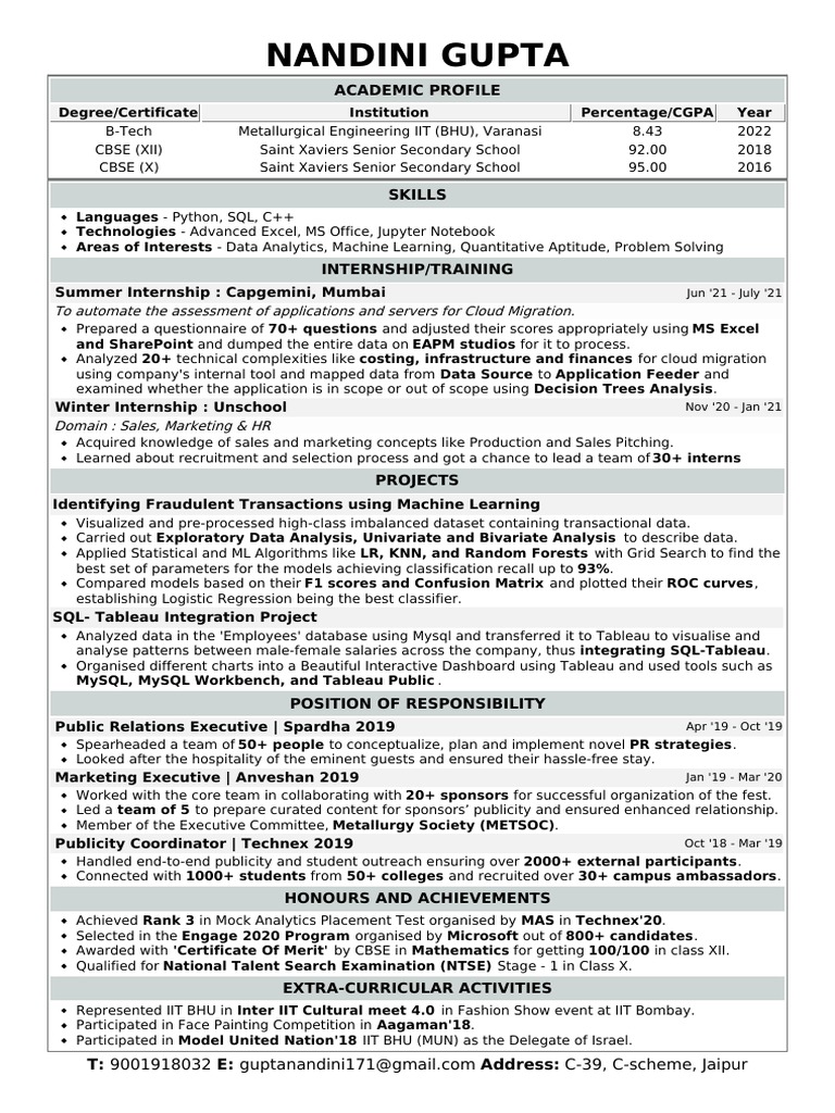 Nandini - Gupta - Resume PDF | PDF | Machine Learning | Data Analysis