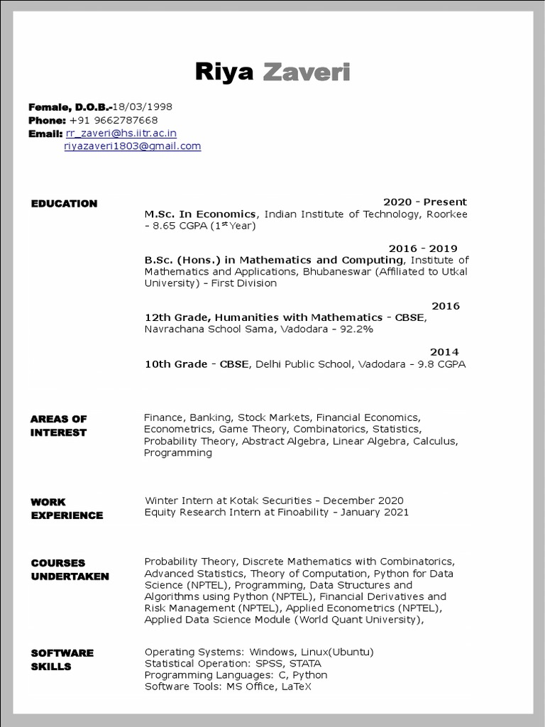 RiyaZaveri - CV - Riya Zaveri PDF | PDF | Mathematics | Computing