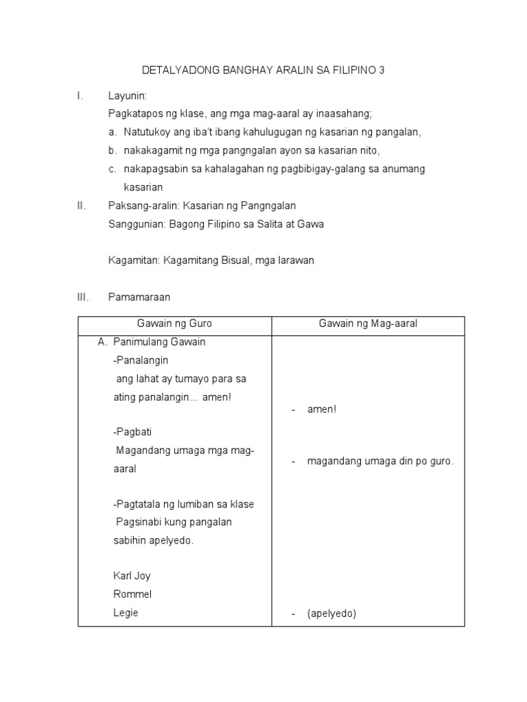 Detalyadong Banghay Aralin Sa Filipino 3 | PDF