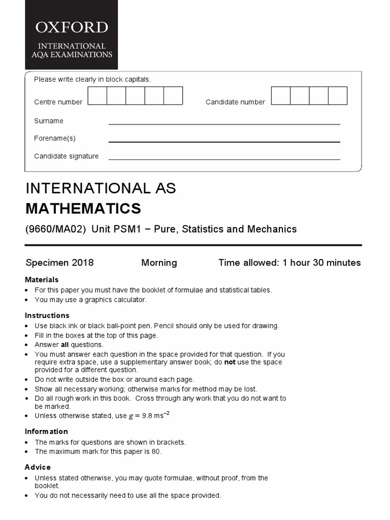 9660 Mathematics International AS MA02 Pure Statistics and Mechanics ...