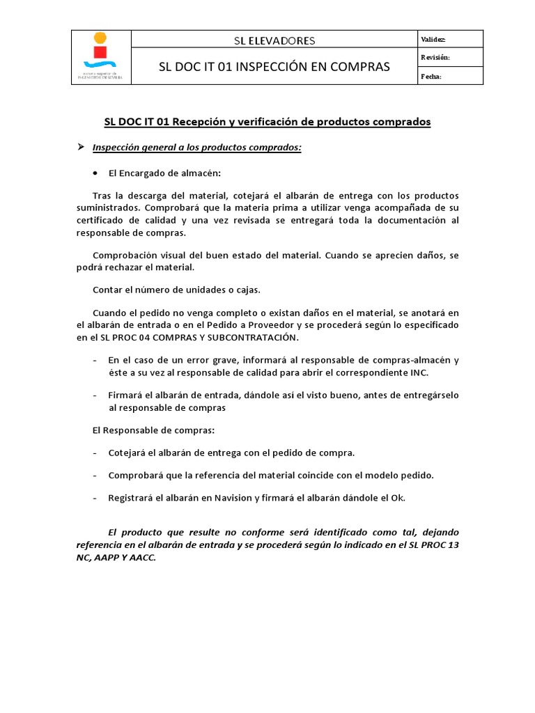 PROCEDIMIENTOS/INSTRUCCIONES TÉCNICAS/SL DOC IT 01 Inspecciones en Compras PDF | PDF