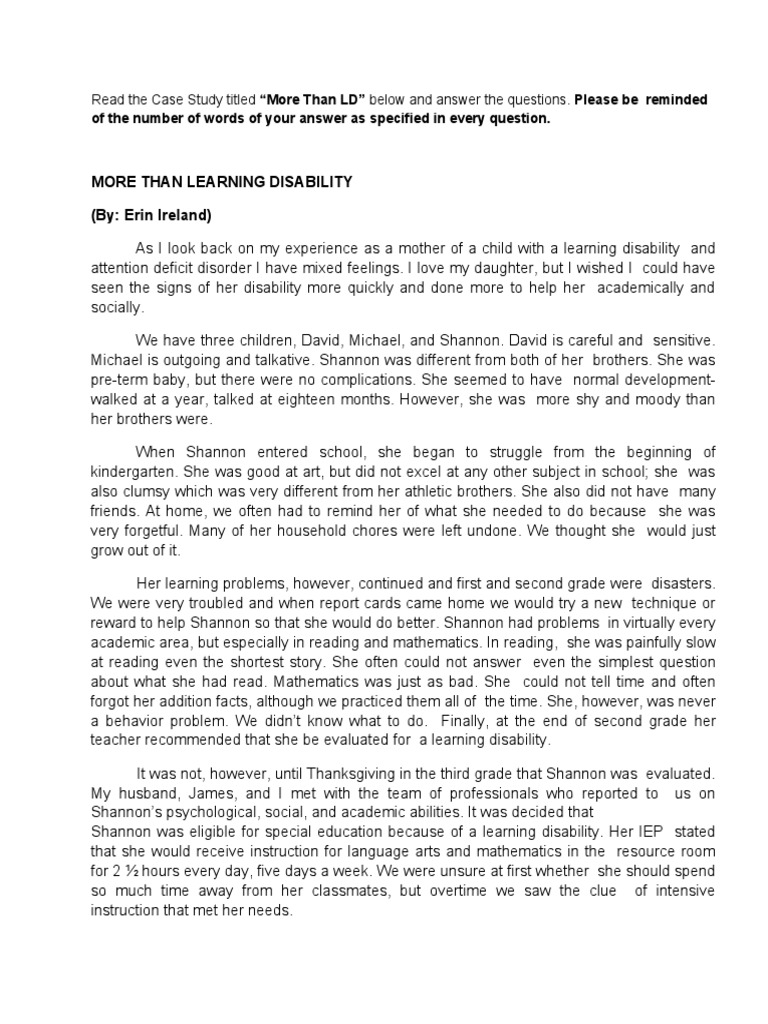Case Study | PDF | Special Education | Learning Disability