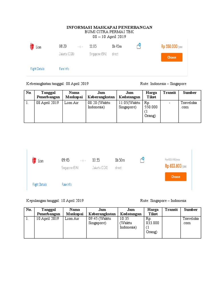 Jadwal dan Harga Lion Air April 2019 | PDF