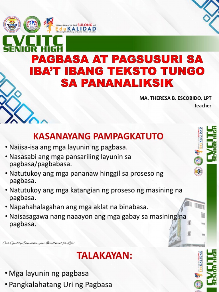 WK.2 Mga Layunin NG Pagbasa - SHS Fil2 | PDF