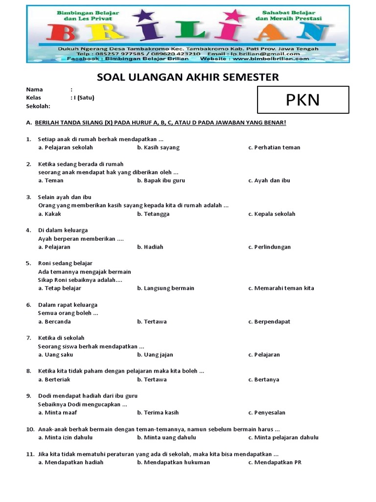 Soal UAS PKN Kelas 1 Semester 2 Dan Kunci Jawaban | PDF