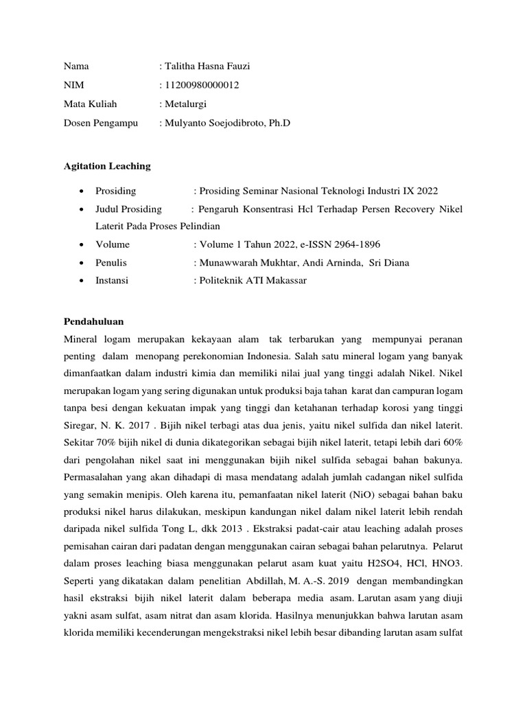 Pengaruh HCl pada Recovery Nikel Laterit | PDF | Sains & Matematika