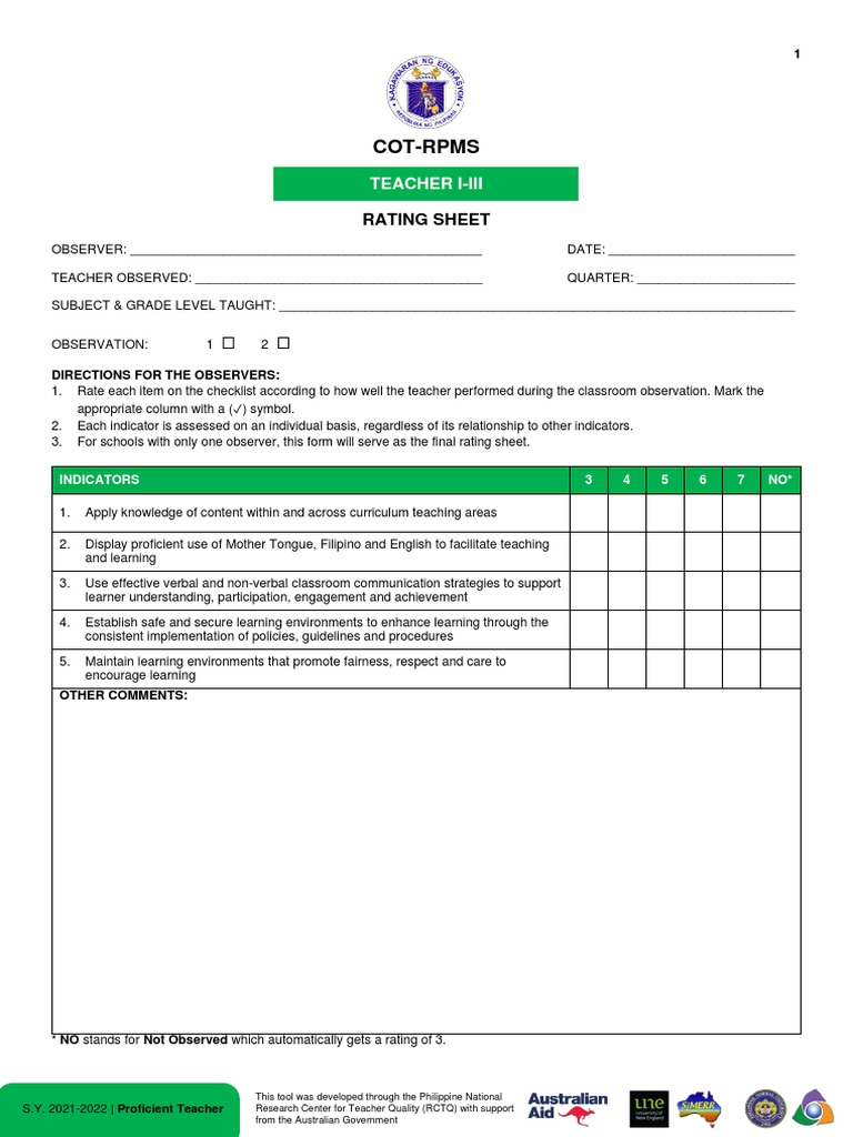 Teacher Observation Rating Sheet 2021-2022 | PDF | Teachers | Learning
