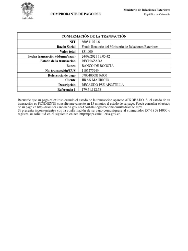 Comprobante de Pago Pse: Ministerio de Relaciones Exteriores | PDF