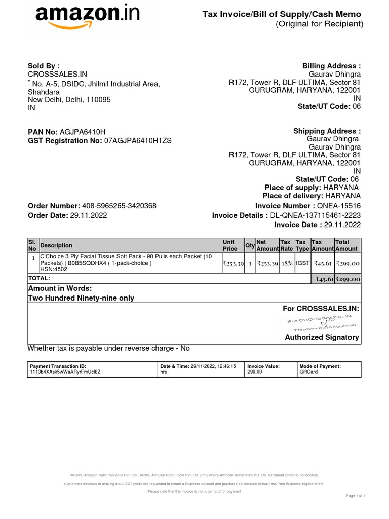 Tax Invoice for the Sale of C'Choice 3 Ply Facial Tissue Soft Pack to ...
