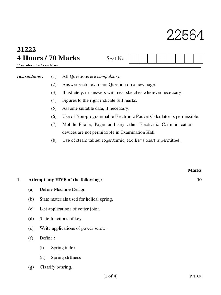 Examination for Machine Design: Questions Covering Key Concepts Such as ...