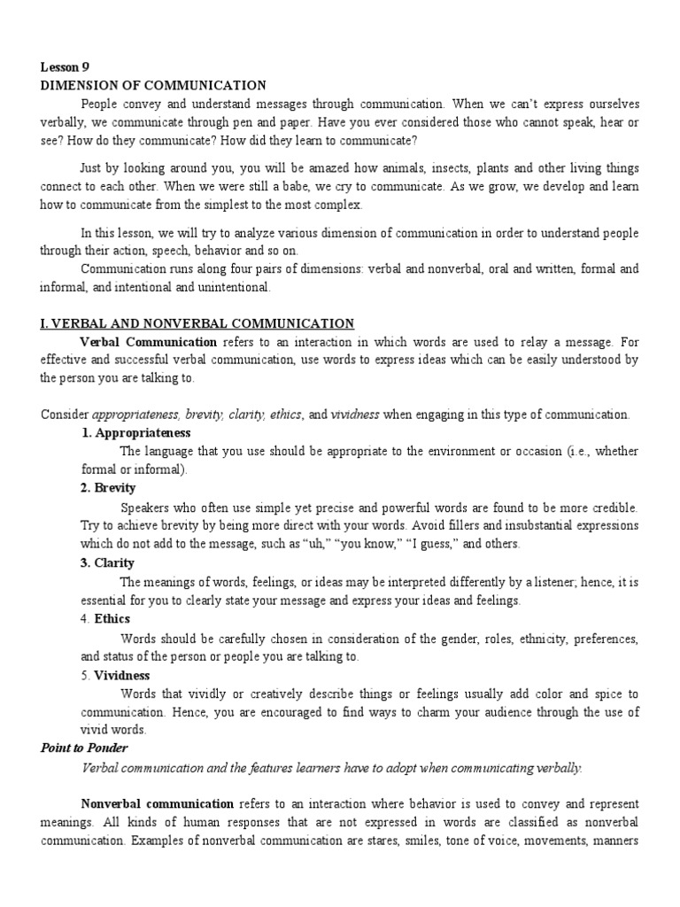 1st Quarter Lesson 9 | PDF | Communication | Nonverbal Communication