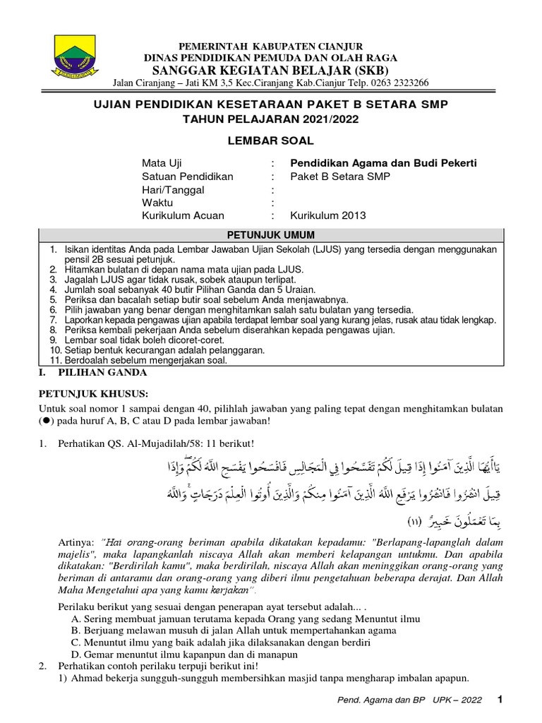 Soal UPK PAI Paket B 2022 | PDF