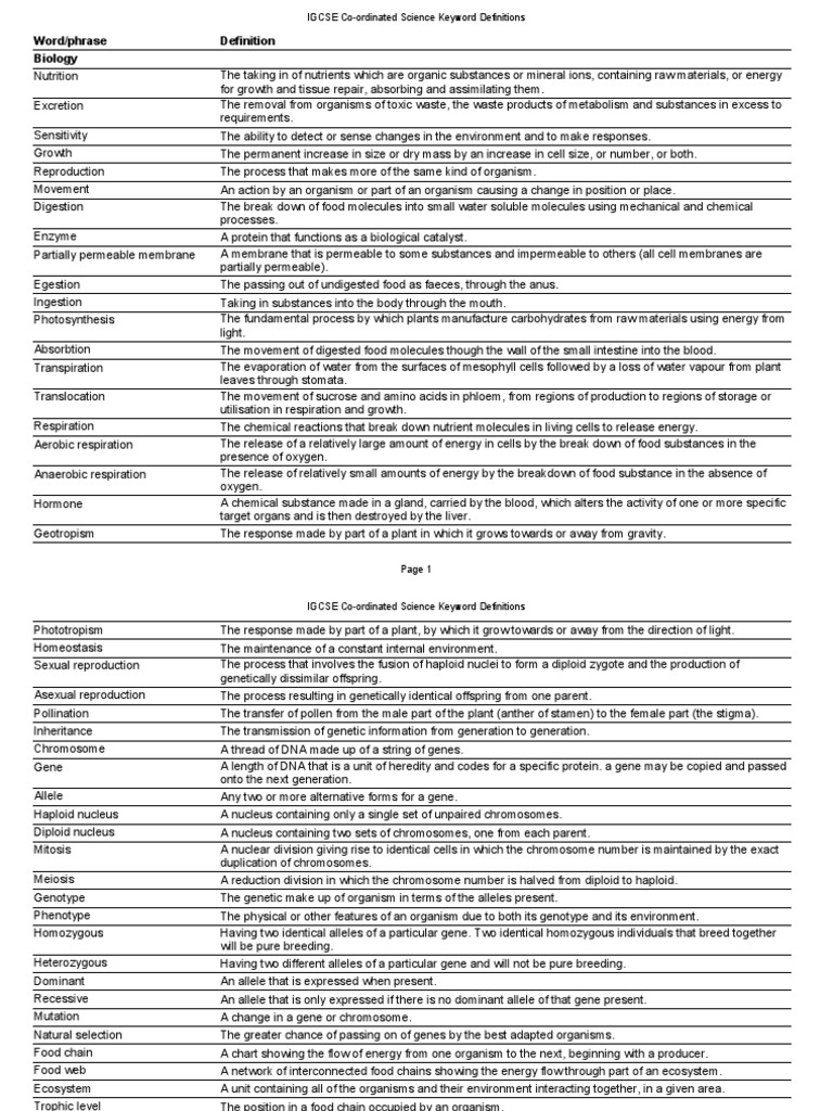 IGCSE Coordinated Science Keyword Definitions Master Copy 20-3-12 | PDF ...