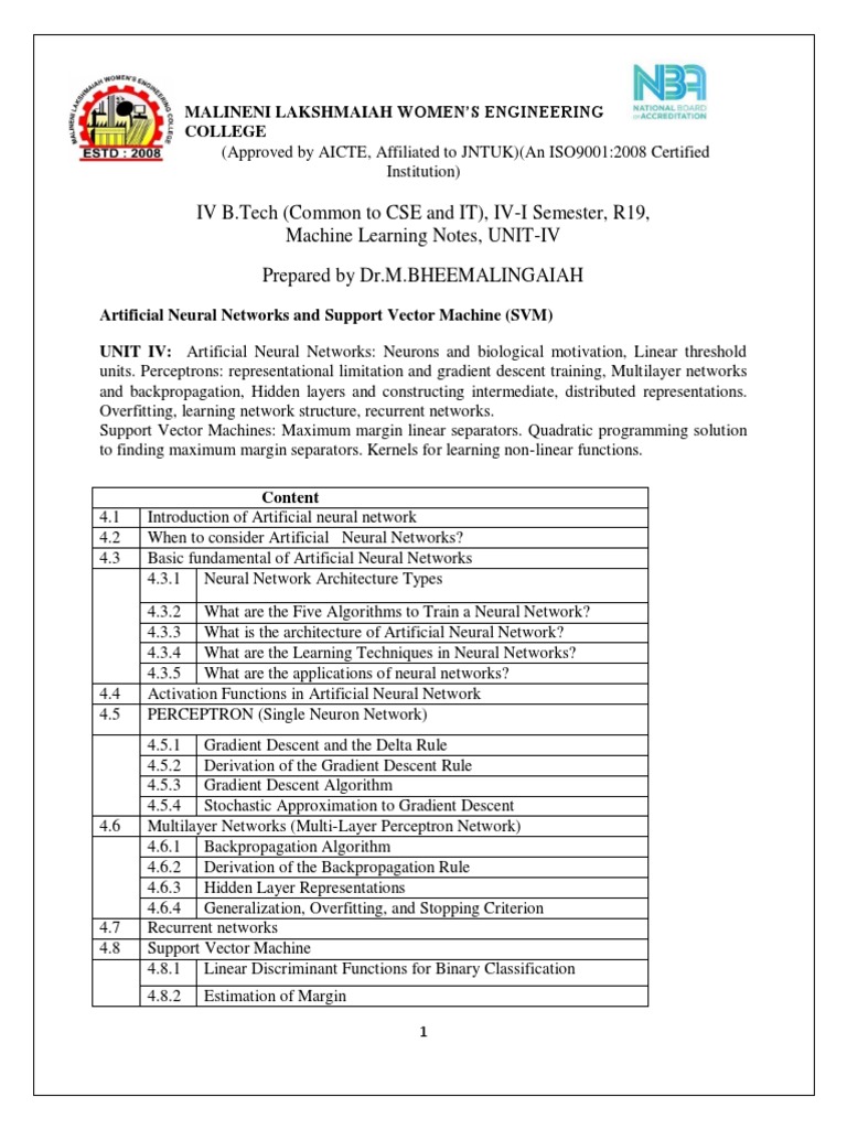 ML UNIT-4 Notes PDF | PDF | Artificial Neural Network | Support Vector ...