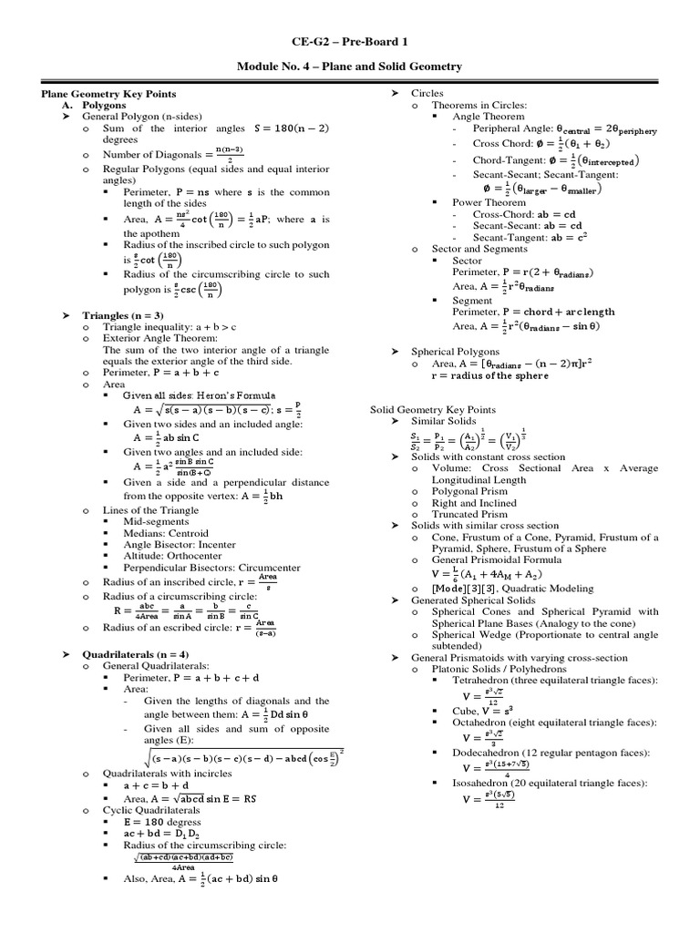 Review of Key Concepts in Plane and Solid Geometry | PDF | Area | Circle