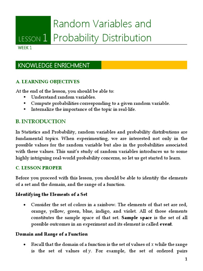 L1 Random Variables and Probability Distribution PDF | PDF | Probability Distribution | Random ...