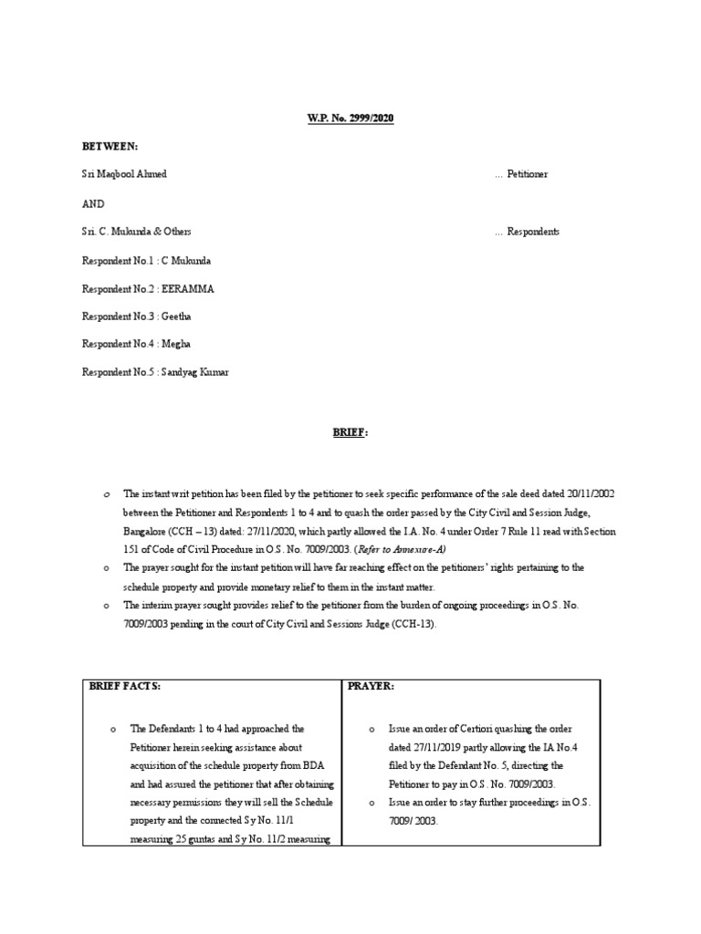 Writ Petition for Specific Performance | PDF | Deed | Public Law