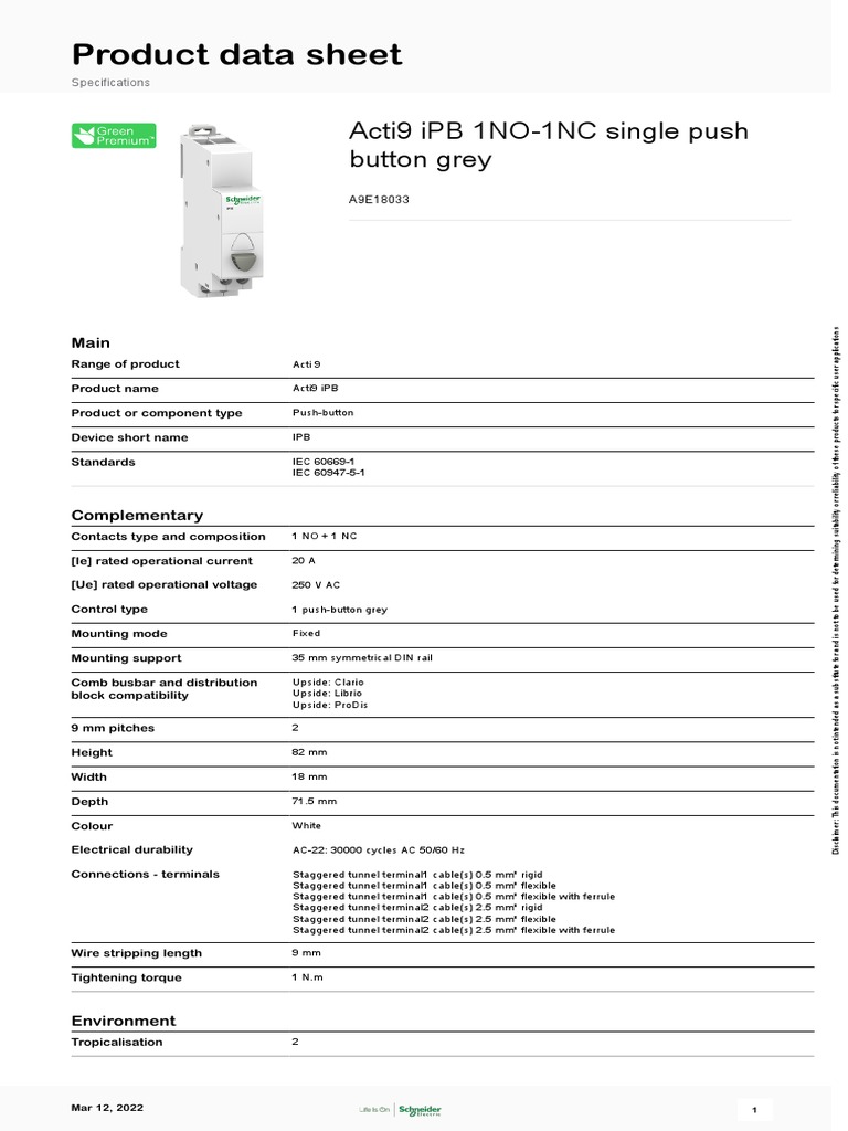 Specifications and Technical Details of the Acti9 iPB 1NO-1NC Single ...