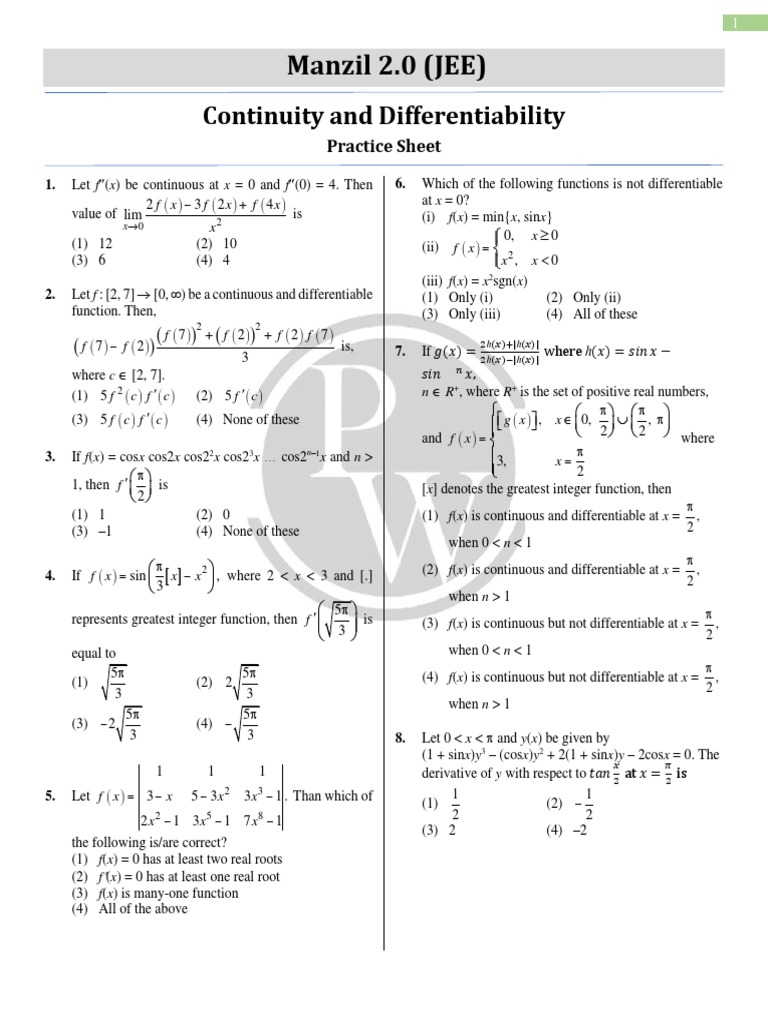 Continuity and Differentiability - Practice Sheet PDF | PDF | Abstract ... Continuity and Differentiability - Practice Sheet PDF | PDF | Abstract ...