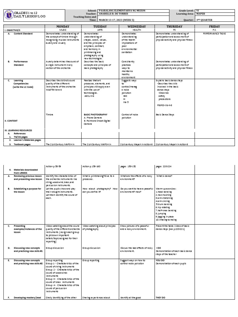 DLL - Mapeh 6 - Q3 - W5 | PDF | Physical Education