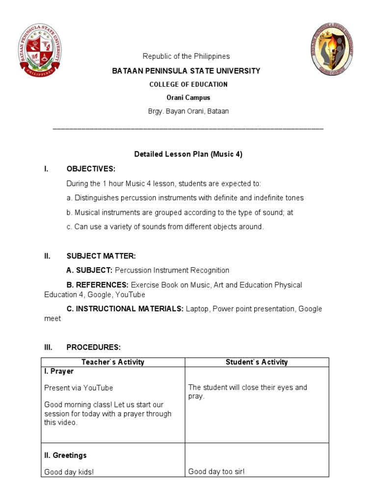 Grade 4 Detailed Music Lesson Plan | PDF | Musical Instruments | Music ...