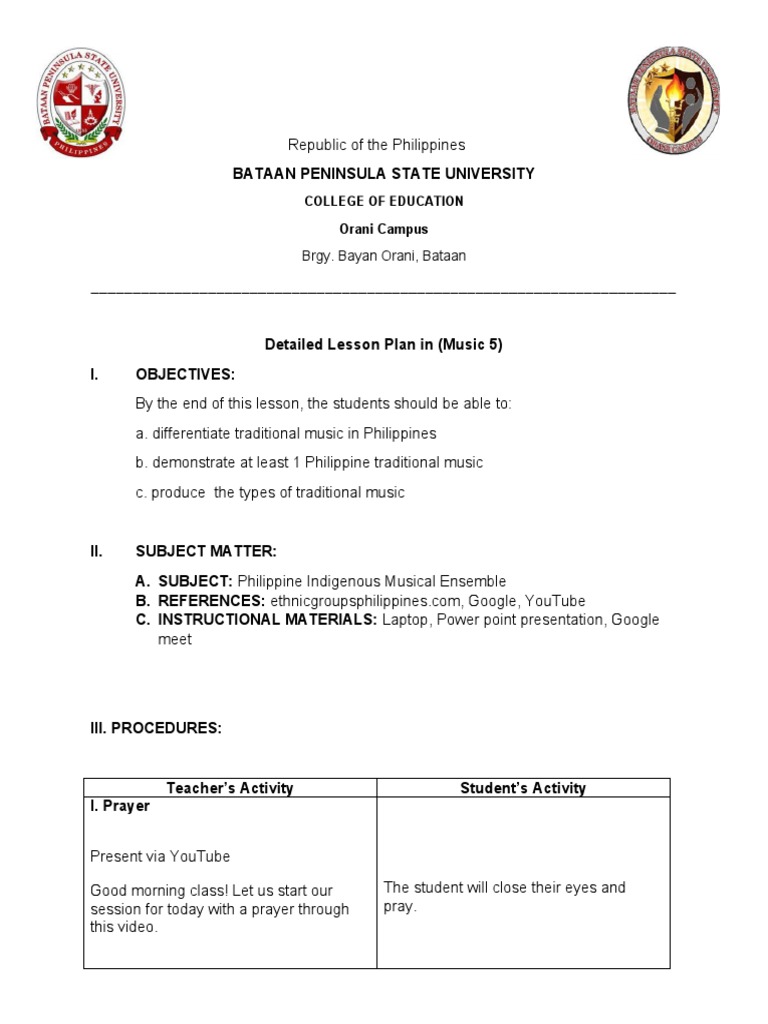Detailed Lesson Plan Music in Grade 5 - TALA - RENZ - S. - BPED2B | PDF ...