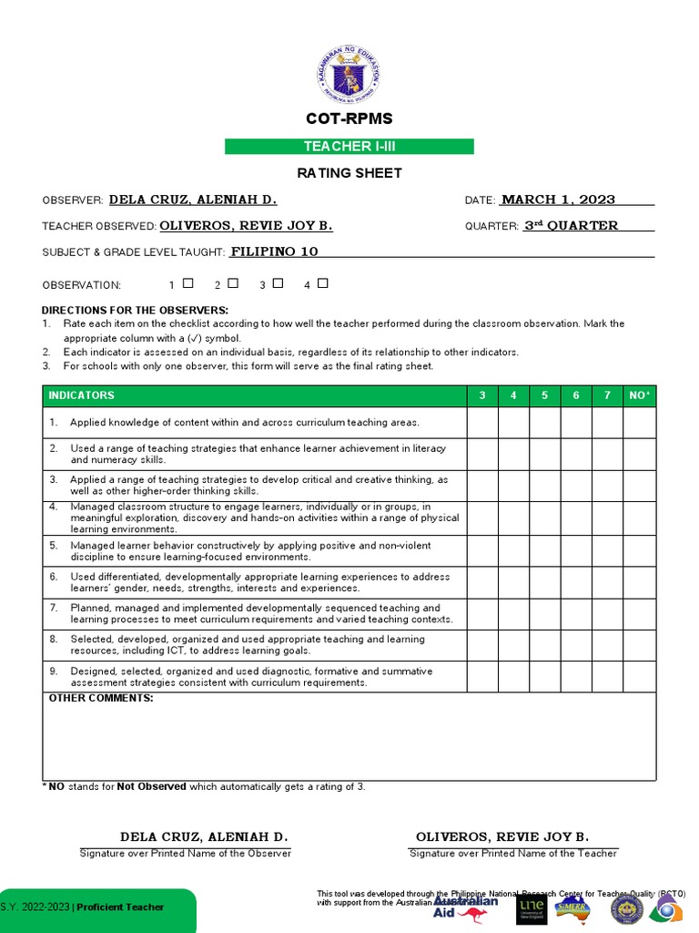 COT-RPMS Rating Sheet 2022-2023 | PDF | Learning | Curriculum