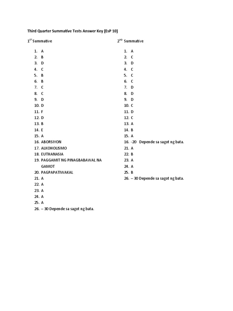 Third Quarter Summative Tests Answer Key | PDF